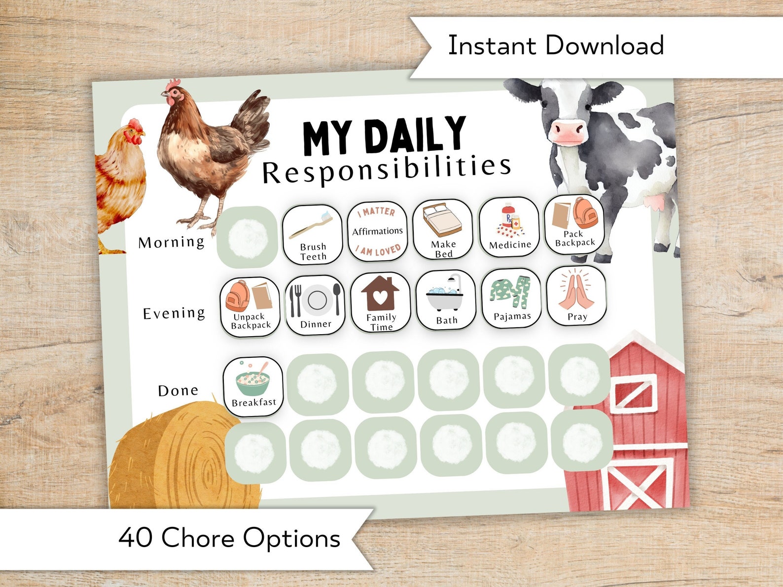 Daily Chore Chart for Kids - Daily Responsibilities Chart - Printable ...