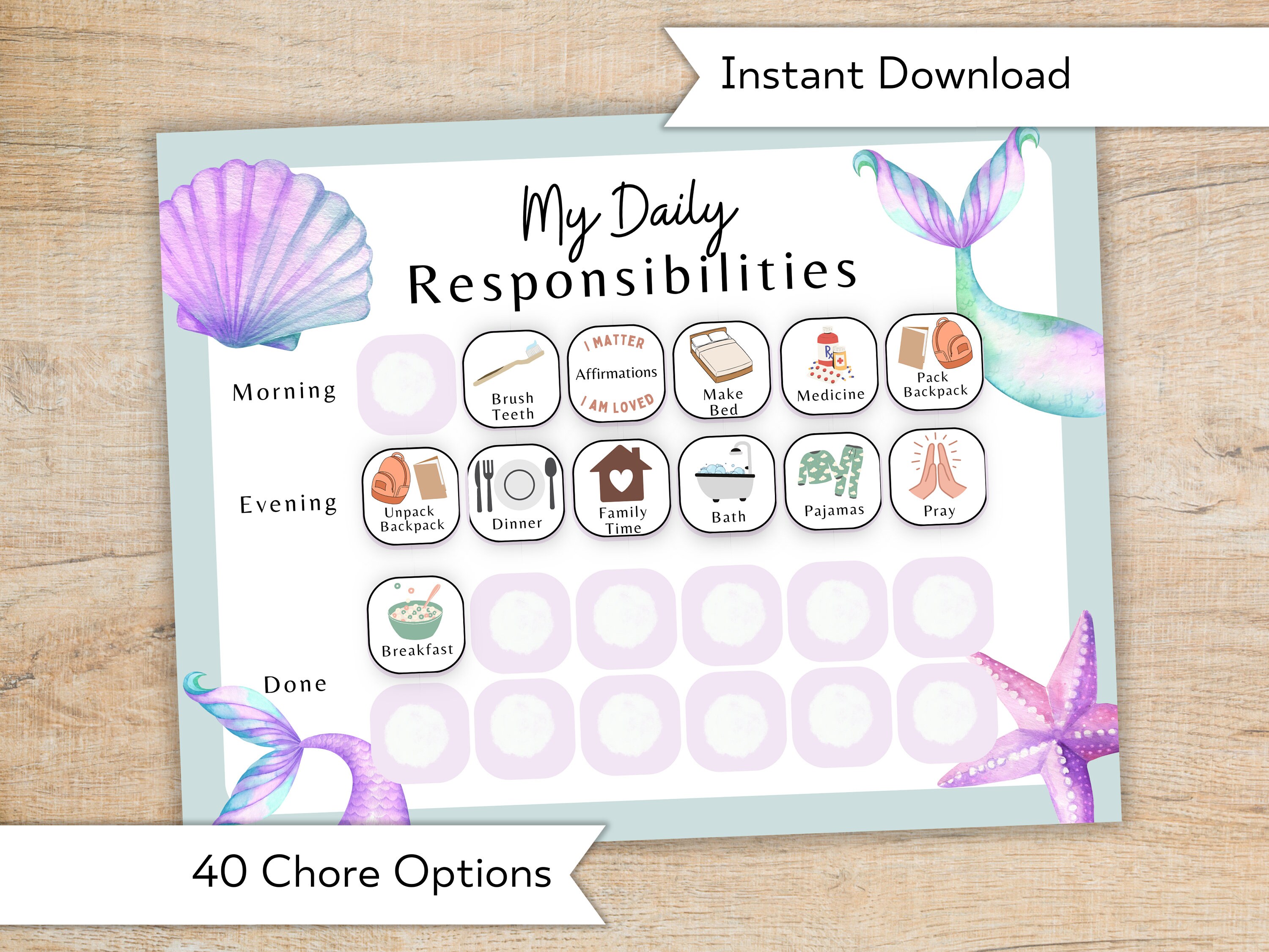 Mermaid Daily Chore Chart for Kids – Printable Responsibility Checklist ...