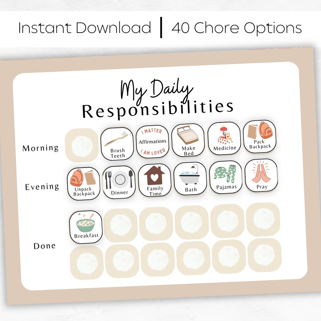 Daily Chore Chart for Kids Daily Responsibilities Chart Printable Daily ...