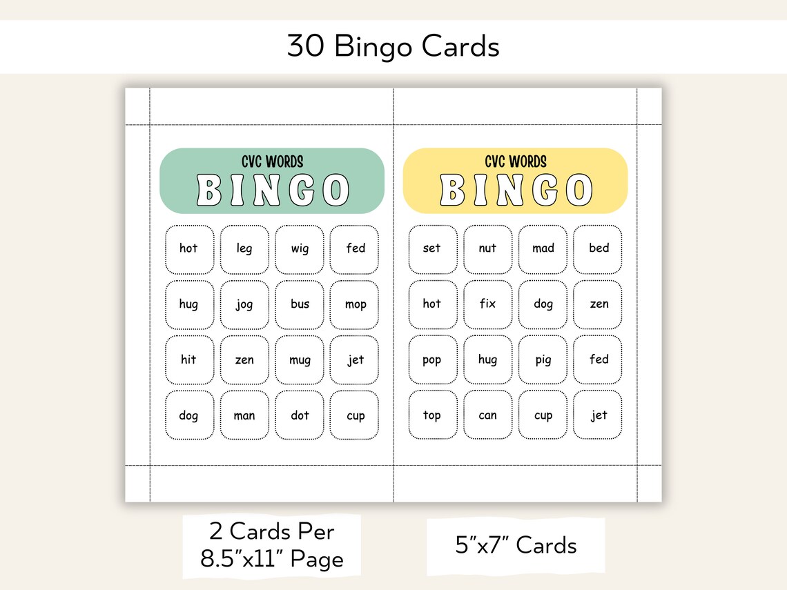 CVC Words Bingo Printable CVC Game Kindergarten Homeschool CVC Card ...