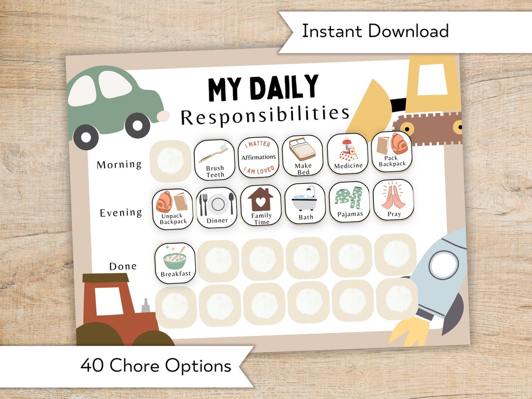 Daily Chore Chart for Kids - Daily Responsibilities Chart - Printable ...