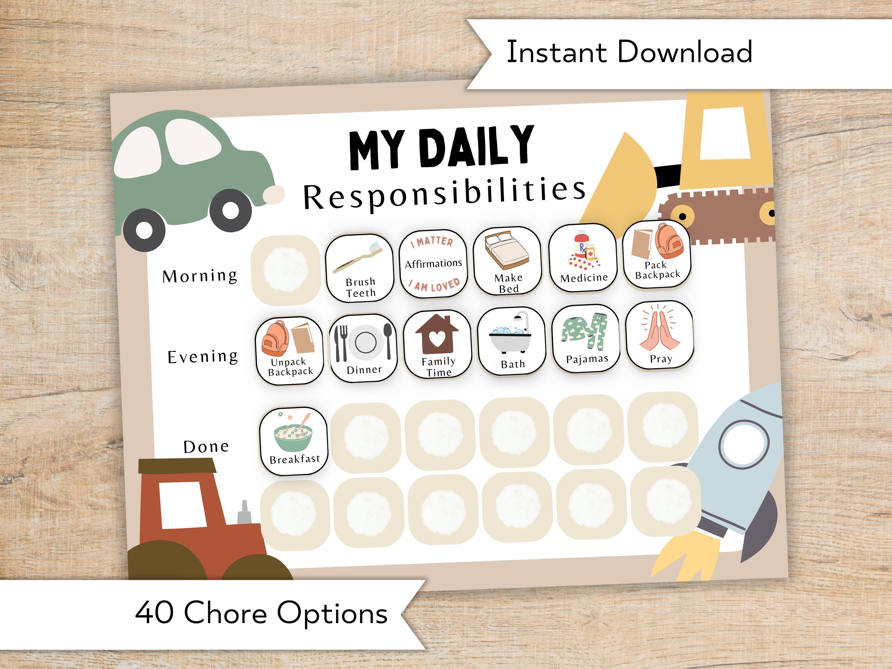 Kids Daily Chore Chart – Vehicle Theme, Responsibility Printable (PDF ...