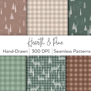 Cabincore Deer Evergreen Pine Plaid Seamless Pattern Digital Paper ...