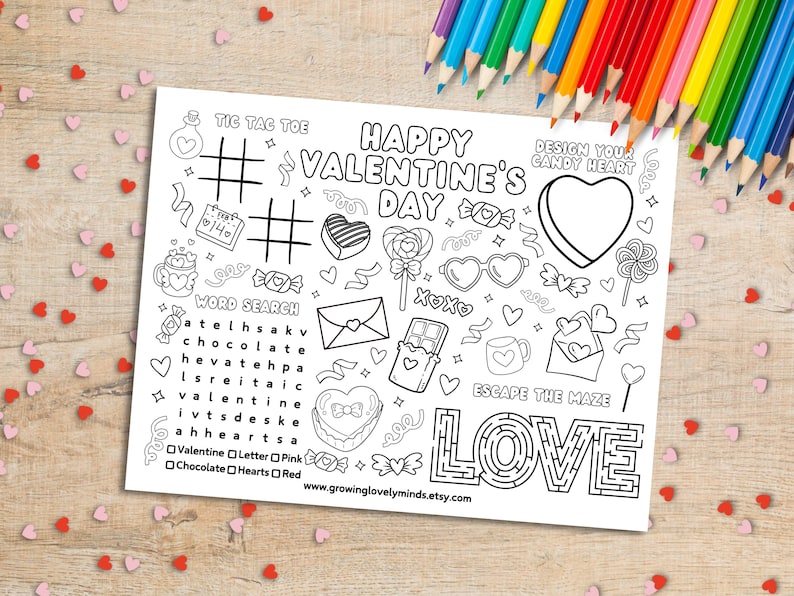 Valentine's Day Coloring Placemat - Kids Party Activity (PDF Download ...