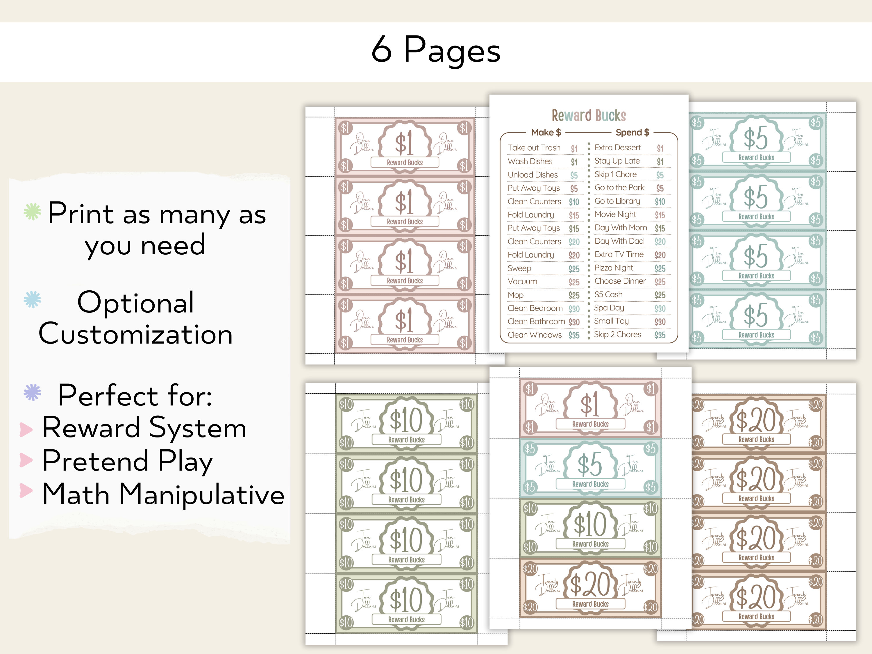 Printable Play Money Editable Reward Bucks Customizable Behavior Bucks ...