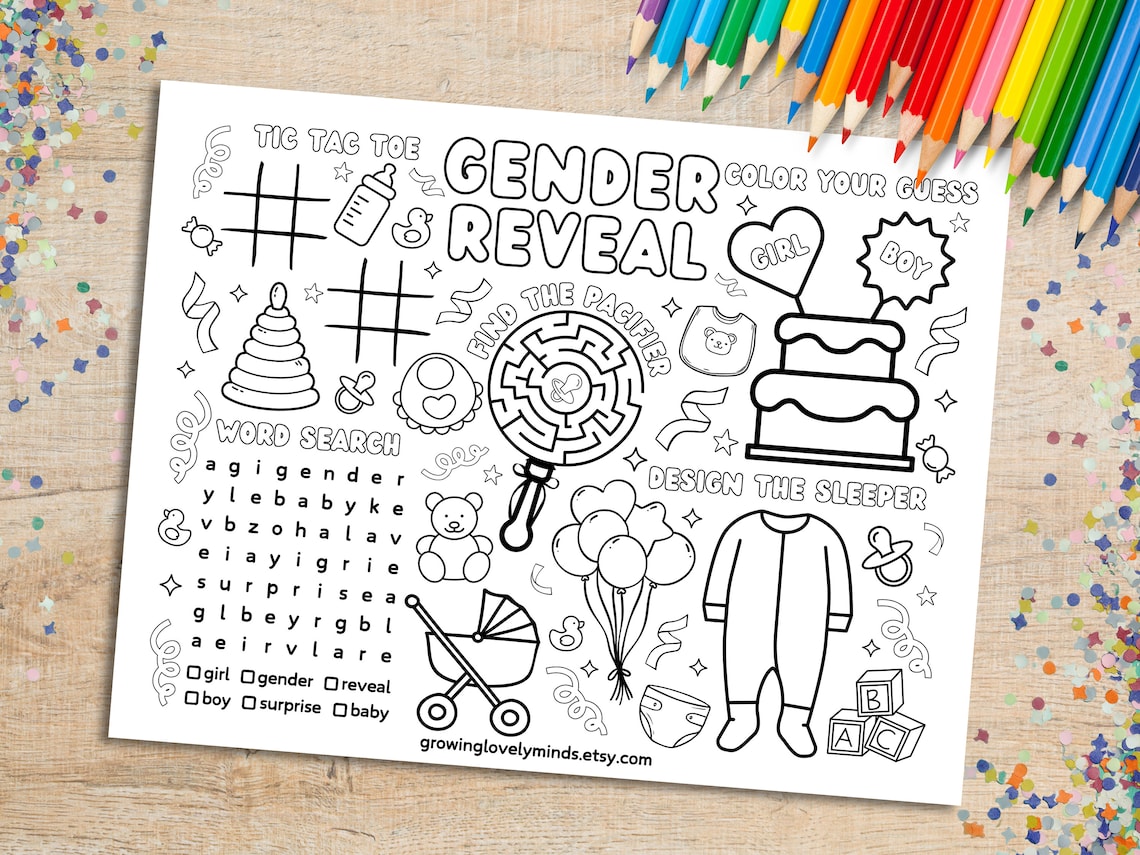 Gender Reveal Coloring Page for Kids - Printable Kids Table Activities ...