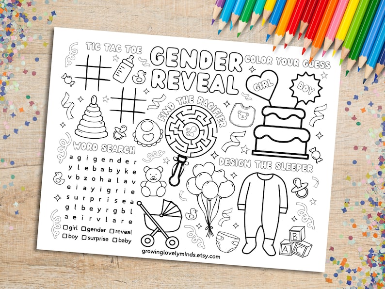 Gender Reveal Coloring Page – Kids Table Activity (PDF) - Etsy