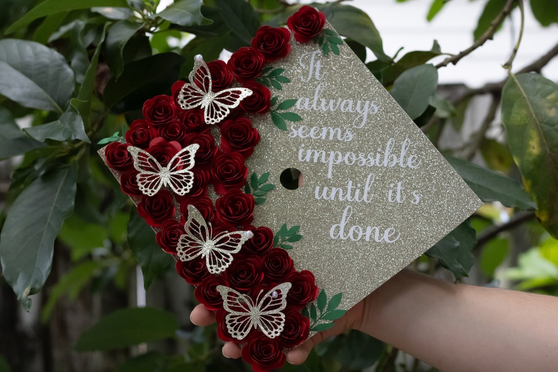 Custom Graduation Cap Topper, Grad Cap Topper, Gold Butterfly and Red ...