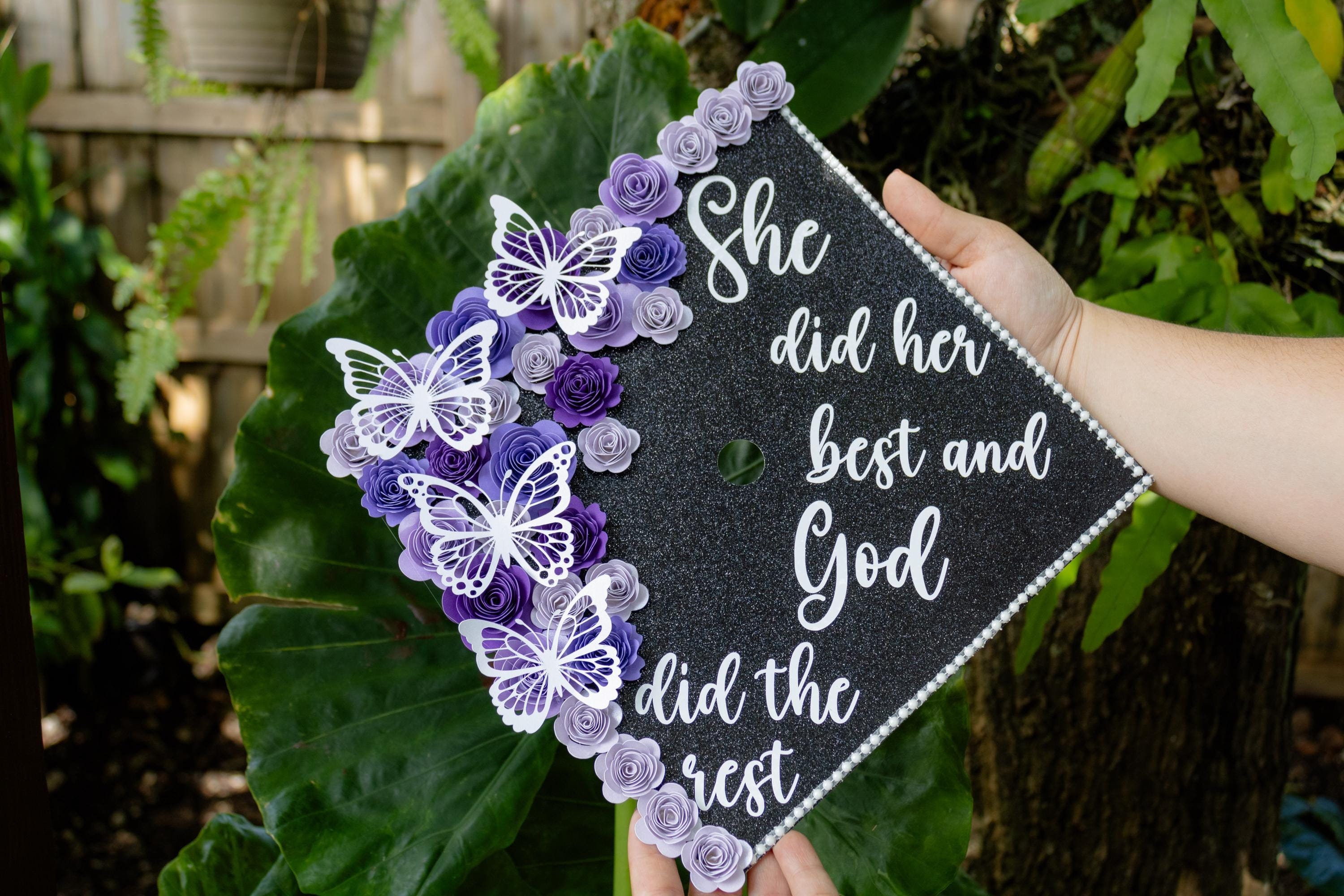 Black Glitter and Purple Grad Cap Topper "she Did Her Best God Did the ...