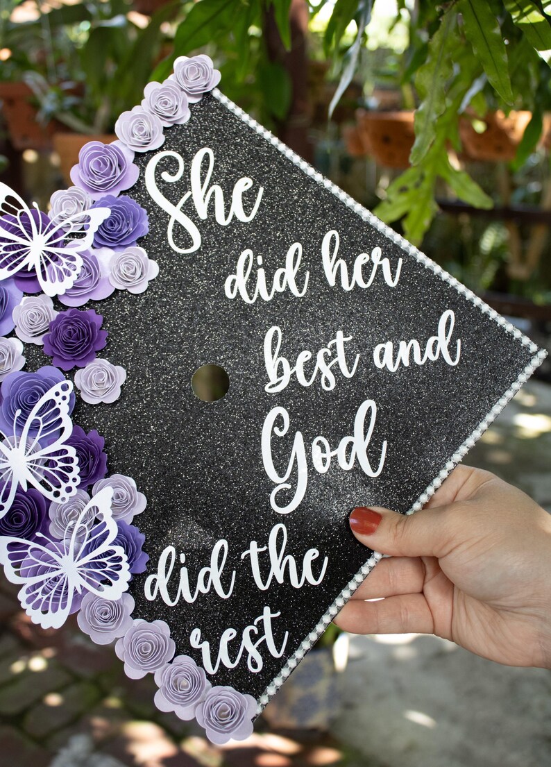 Black Glitter and Purple Grad Cap Topper "she Did Her Best God Did the ...