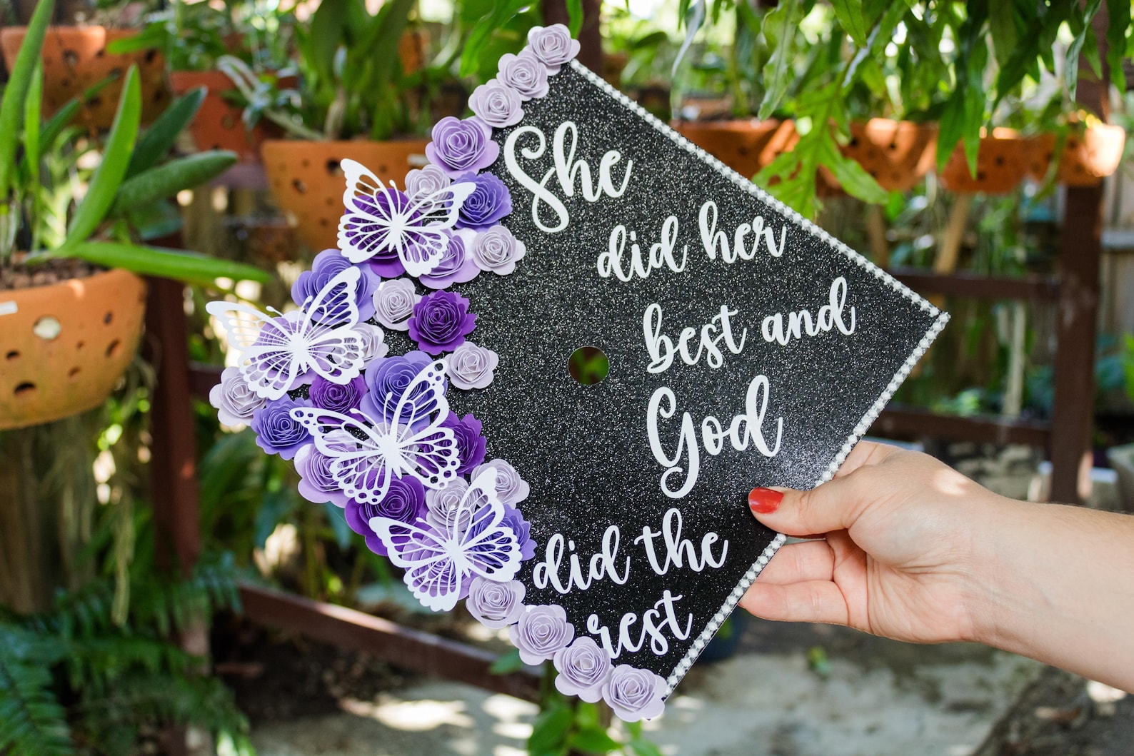 Black Glitter and Purple Grad Cap Topper "she Did Her Best God Did the ...