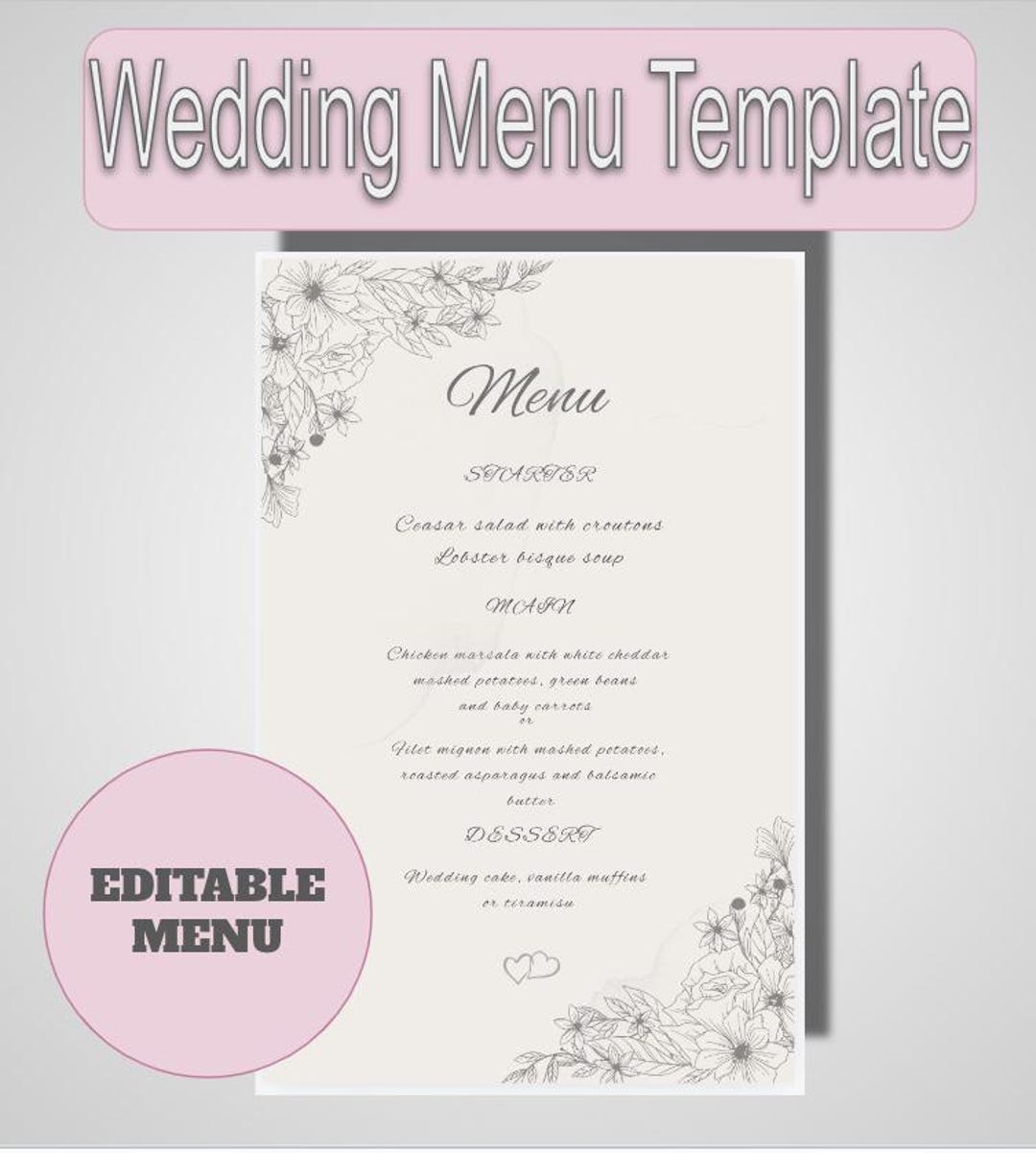Wedding Menu Template, Elegant Script Wedding Menu Card, Simple Wedding ...