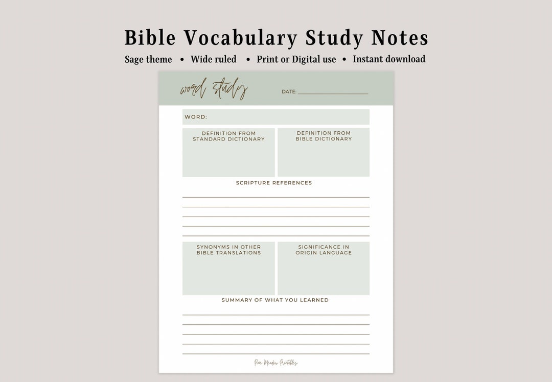 Digital Bible Study Notes Template | Word Study, Sage Theme (PDF) - Etsy