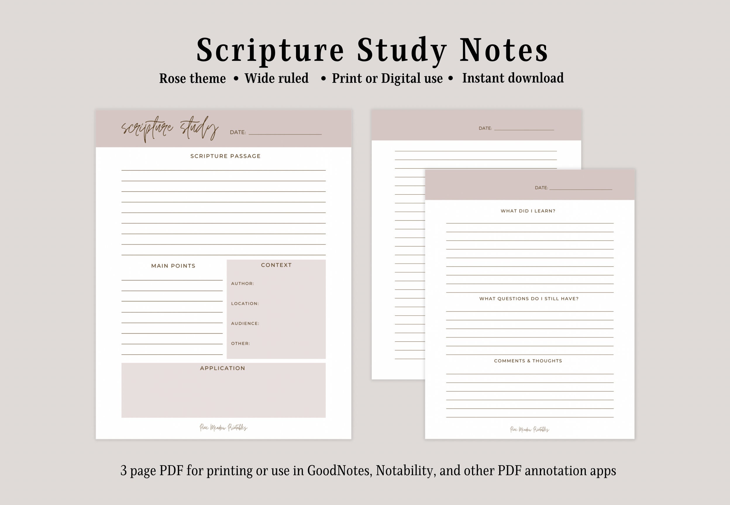 Digital Bible Study Notes Template | Rose Theme, Wide Ruled (PDF) - Etsy