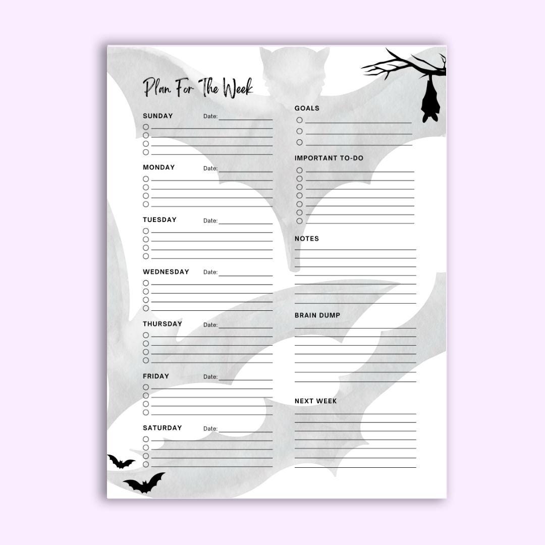Gothic Bat Daily & Weekly Planner Printable, Goth Planner Set, Dark ...