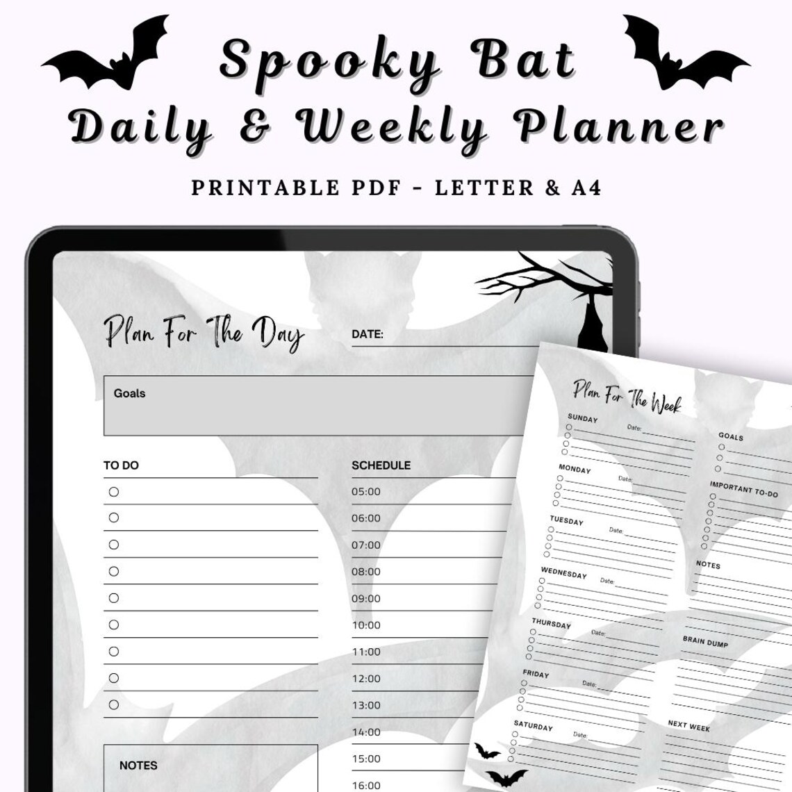 Gothic Bat Daily & Weekly Planner Printable, Goth Planner Set, Dark ...