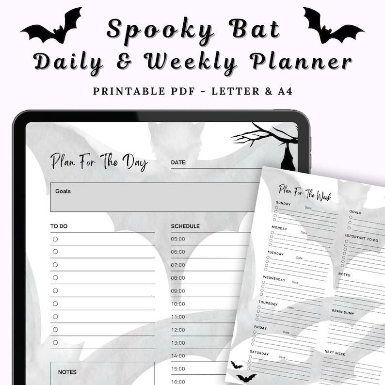 Gothic Bat Daily & Weekly Planner Printable, Goth Planner Set, Dark ...