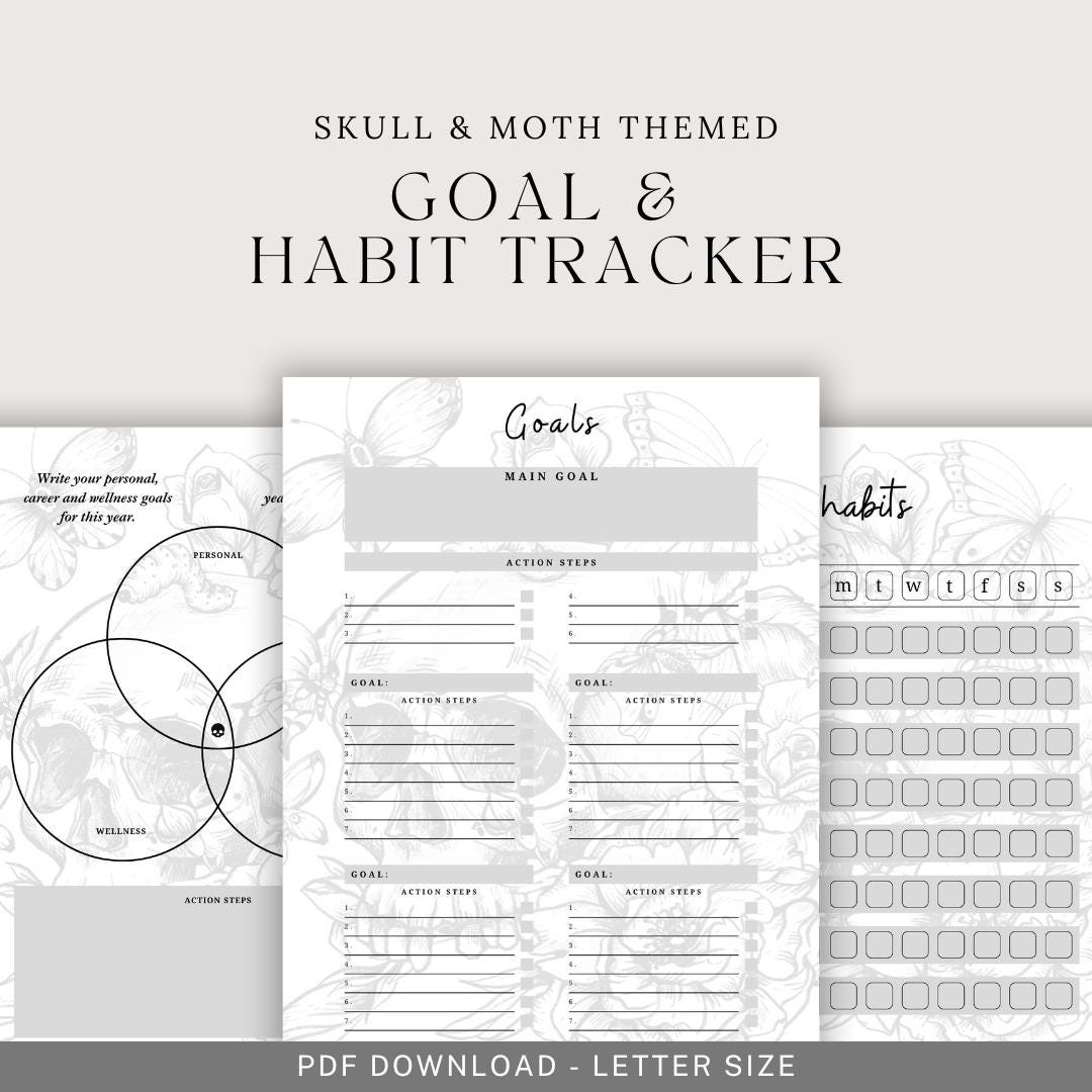 Goal Planner and Habit Tracker, Skull & Moth Printable PDF, Dark ...