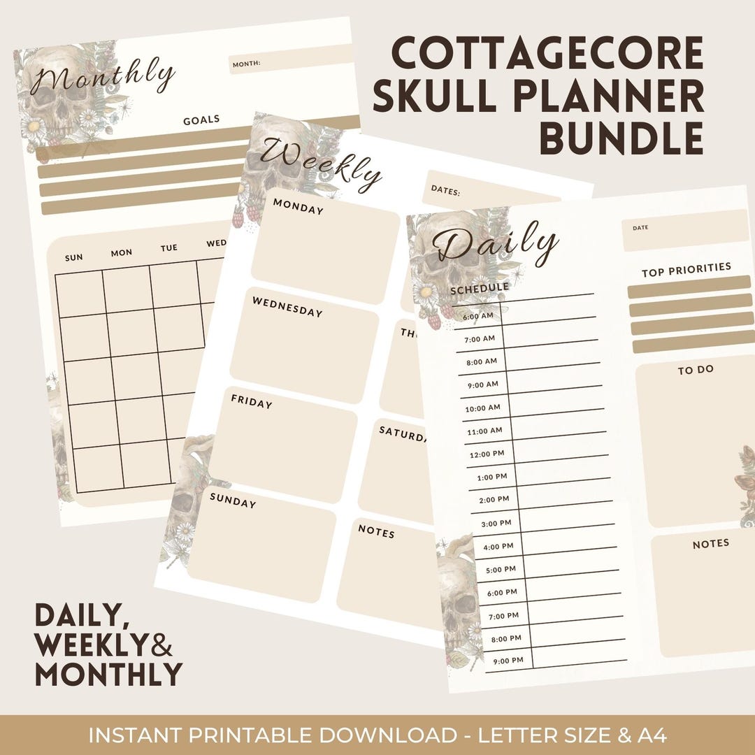 Skull Cottagecore Planner Bundle, Daily Weekly Monthly Printable Pages ...