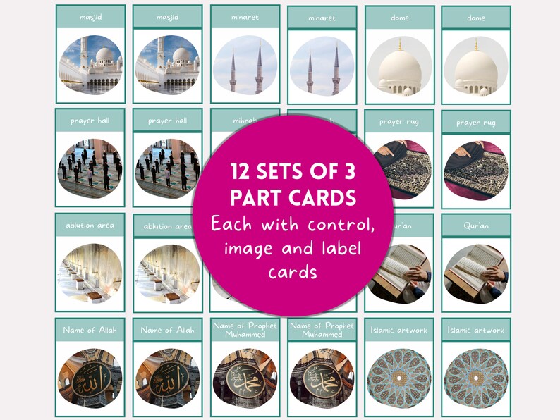 Montessori 3 Part Cards About Mosques, Islam Flashcards, Montessori ...