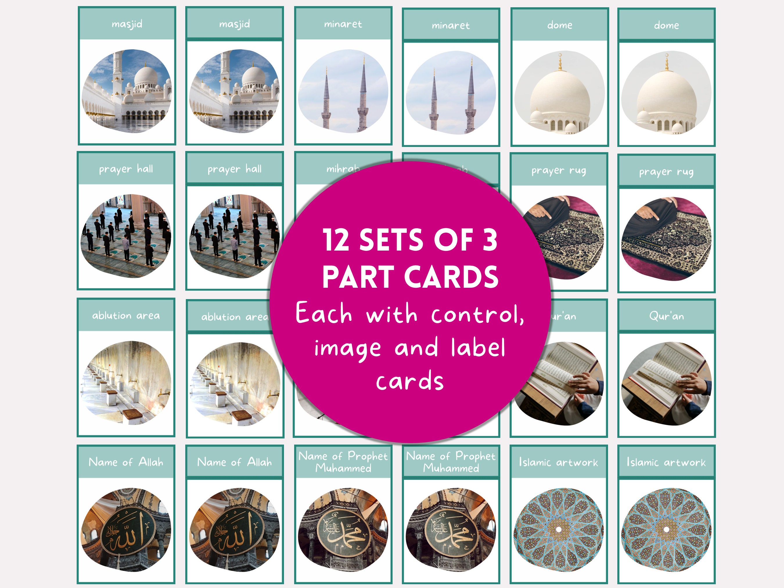 Montessori 3 Part Cards About Mosques, Islam Flashcards, Montessori ...