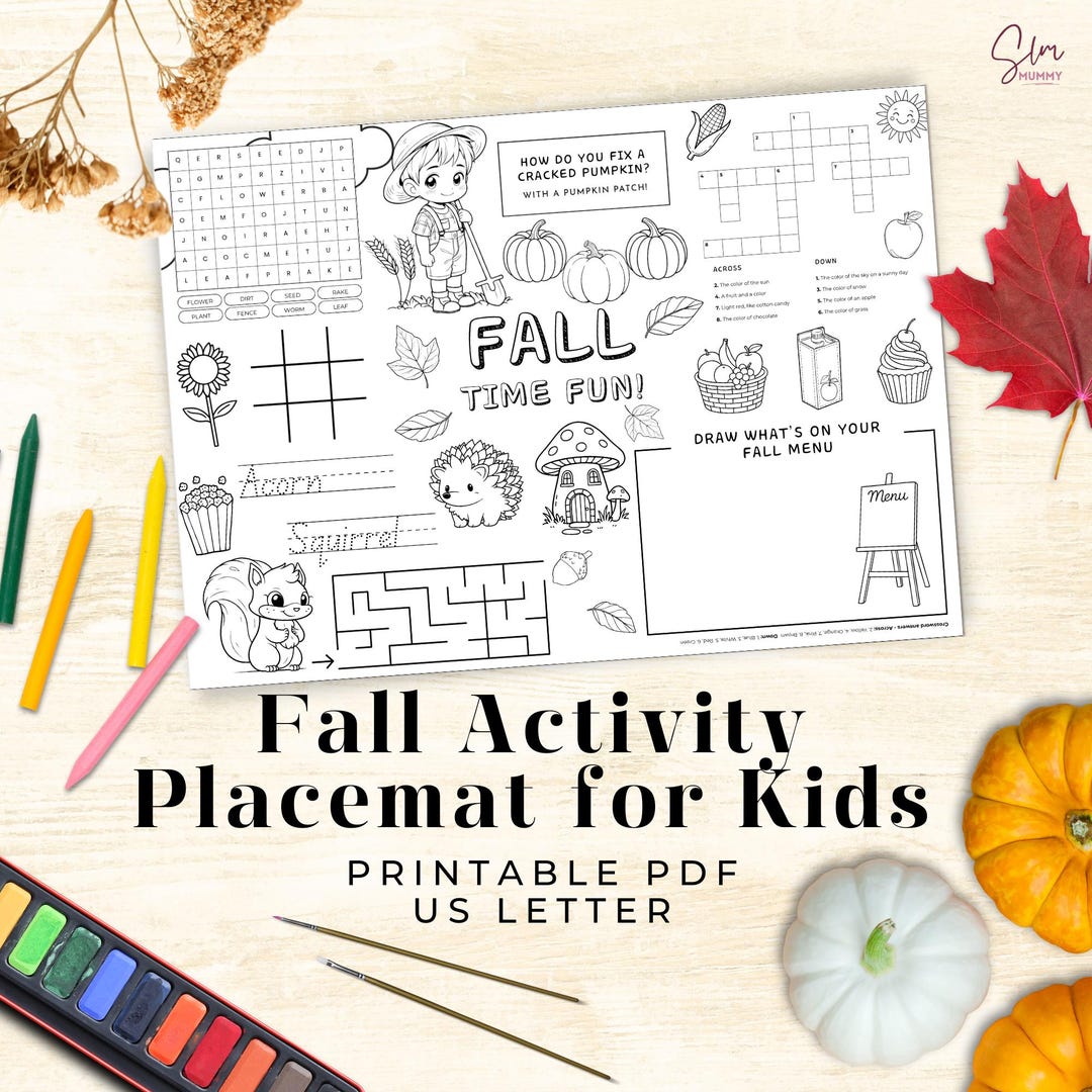 Fall Placemat Activity Printable for Kids, Autumn Coloring, Party Game ...