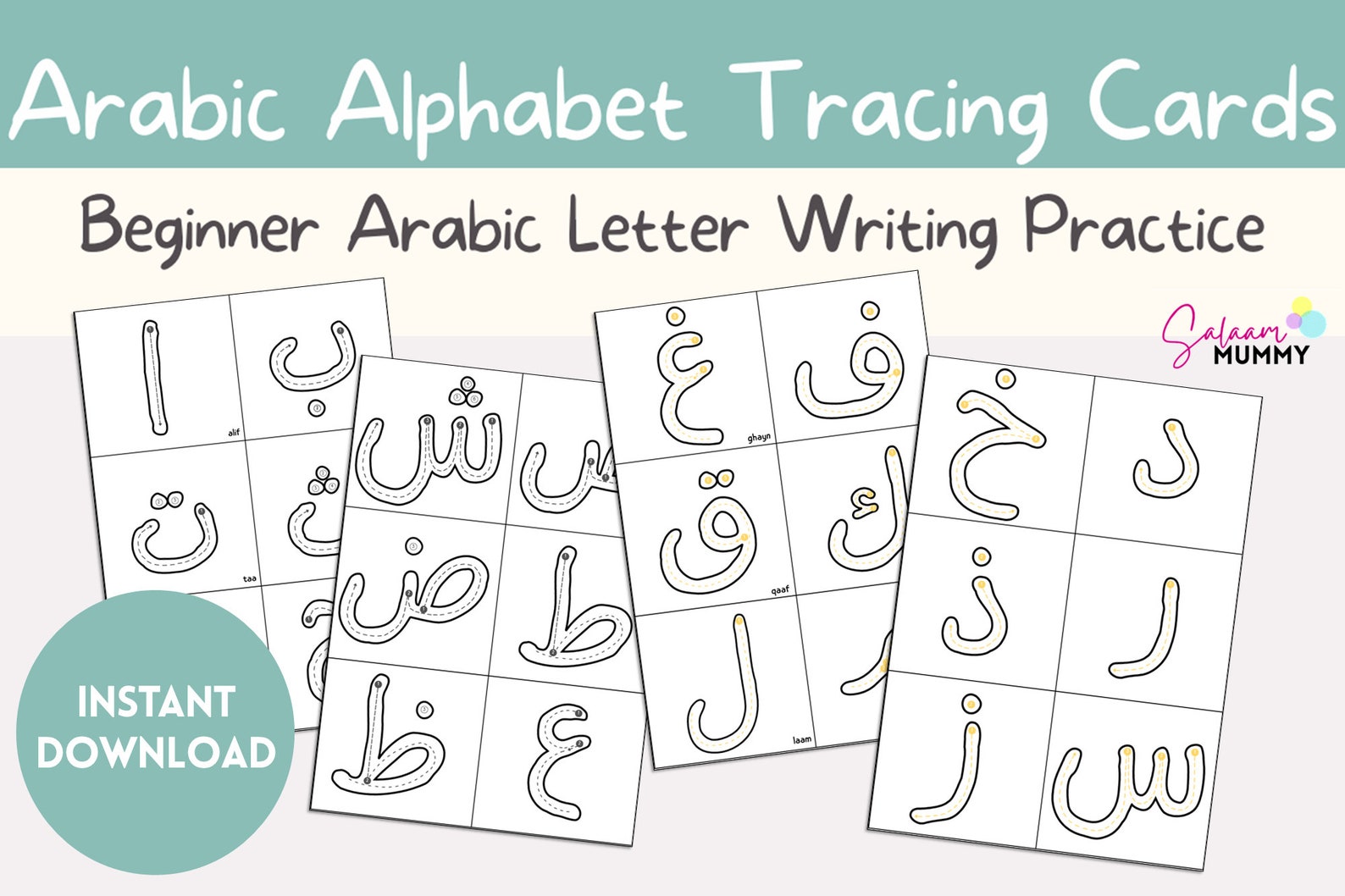 Arabic Alphabet Tracing Cards for Kids, Learn Arabic Alphabet, Muslim ...