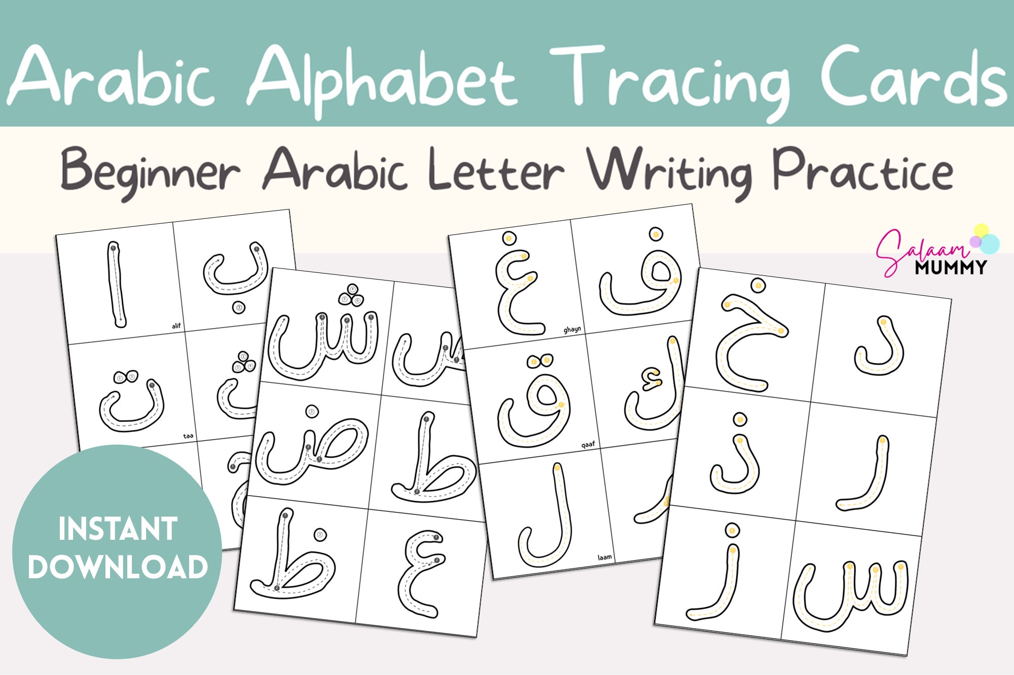 Arabic Alphabet Tracing Cards for Kids, Learn Arabic Alphabet, Muslim ...