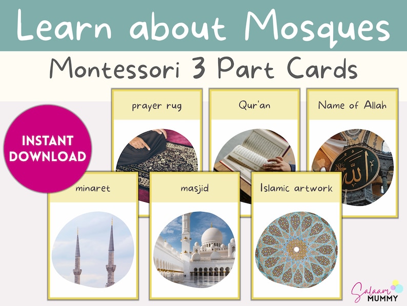 Mosques Flashcards, Montessori 3 Part Cards, Islamic Flashcards for ...