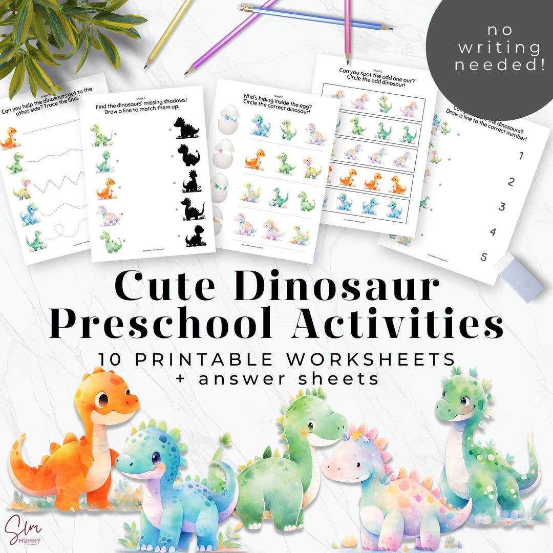 Cute Dinosaurs Preschool Activities Pack, 10 Children's Worksheets, Fun ...
