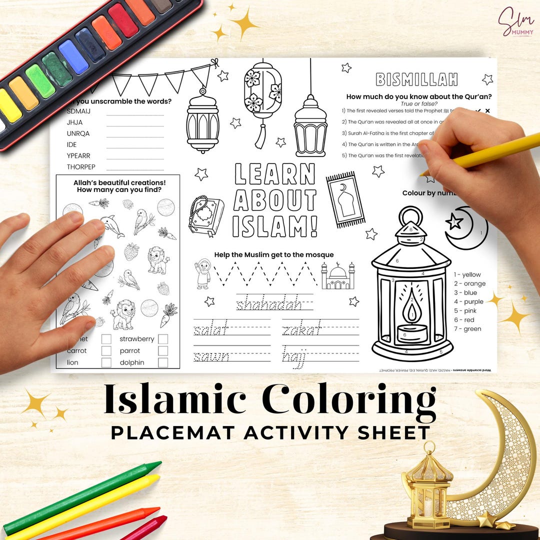 Islamic Kids Activity Sheet, Large Printable Coloring Page Placemat for ...
