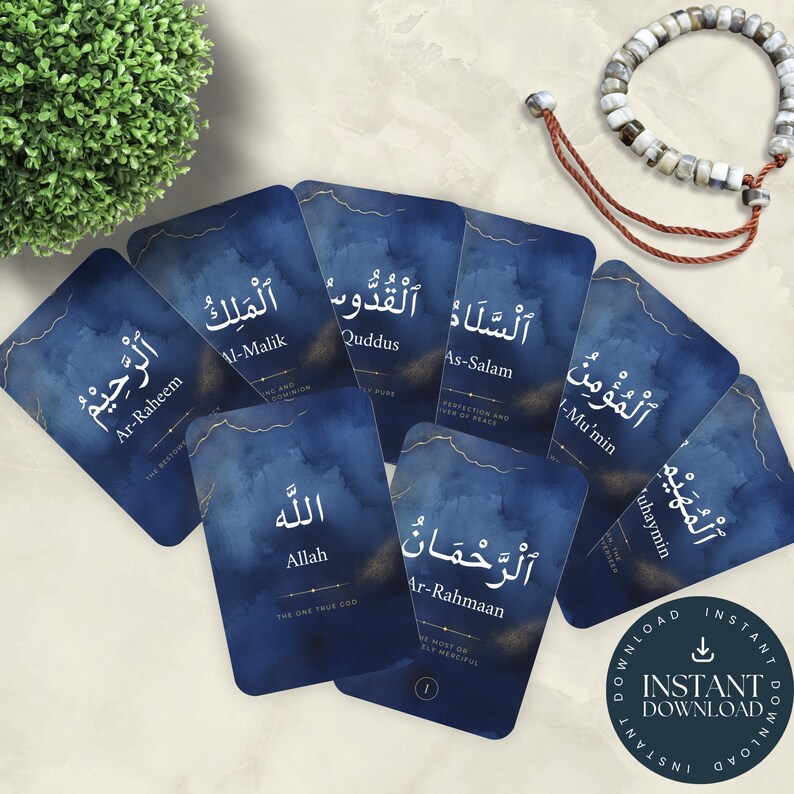 99 Names of Allah Flashcards, Asma Ul Husna, Navy Gold Islamic Printable Cards With Translation ...
