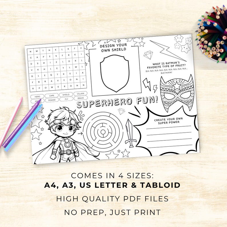 Superhero Coloring Placemat, Kids Activity Sheet for Birthdays, Parties ...