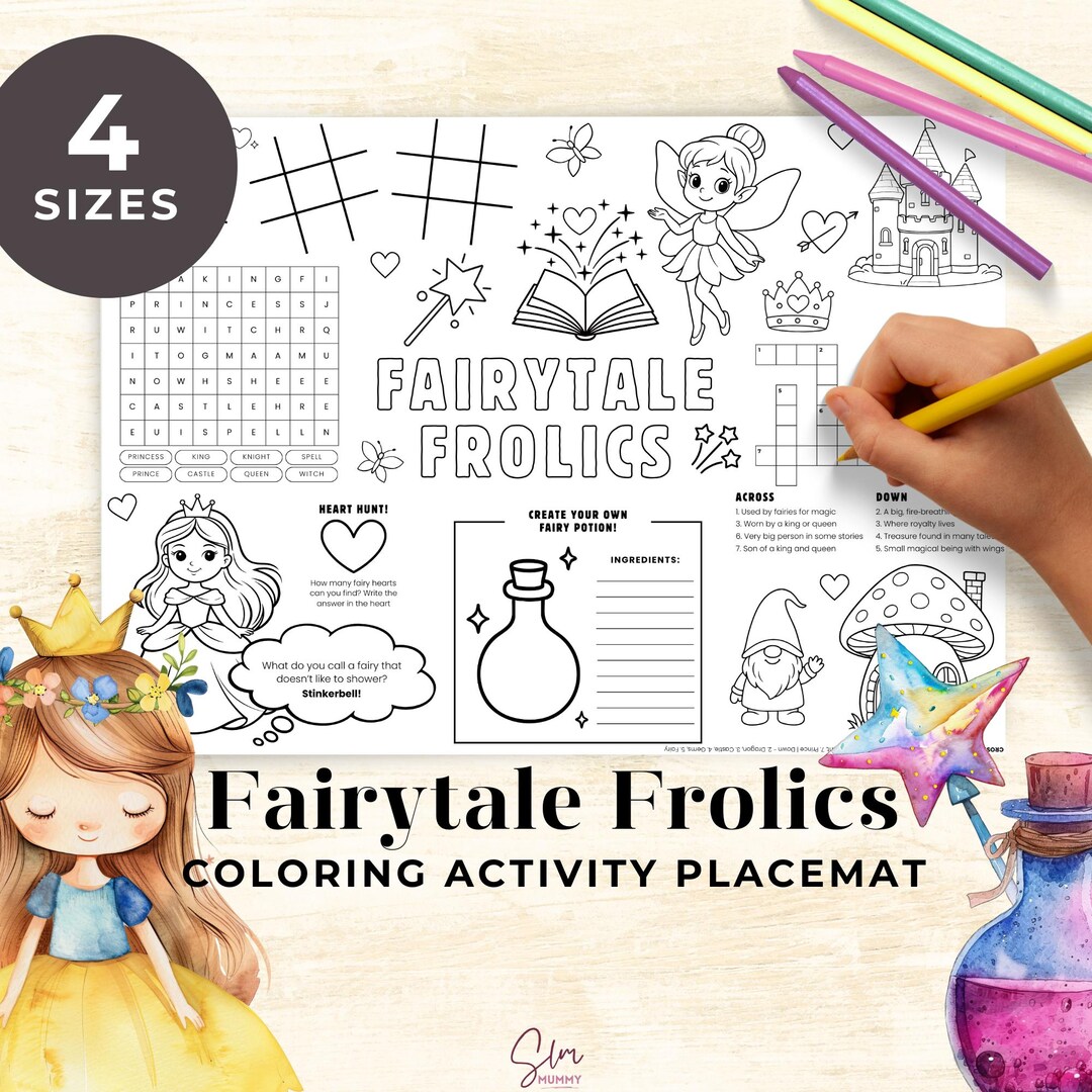 Fairytale Activity Placemat, Kids Printable Coloring Page and Party Mat ...