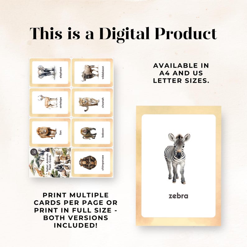 Safari Animal Flashcards Printable Set, Montessori Learning Cards for ...
