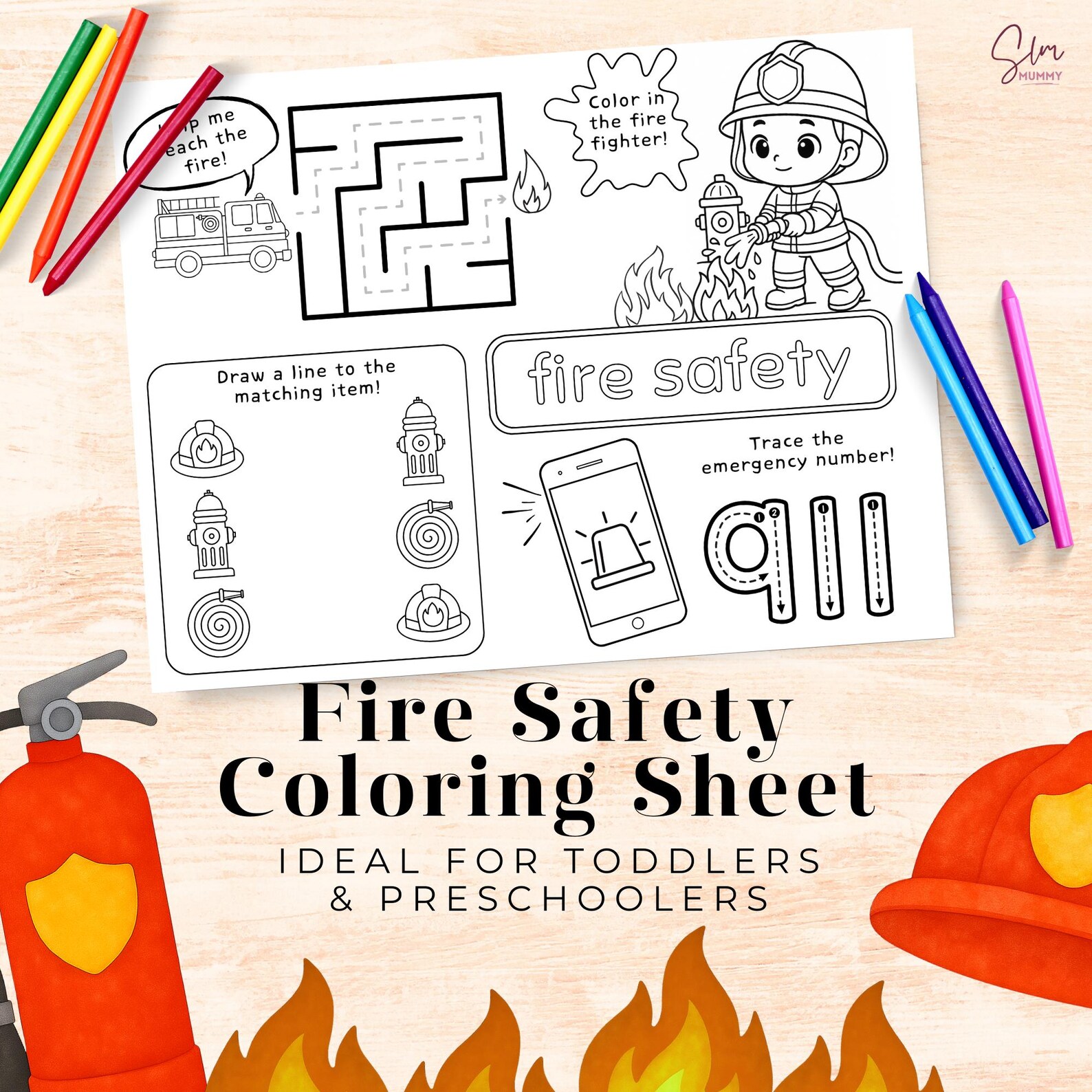 Fire Safety Preschool Activity, Printable Coloring Worksheet for ...