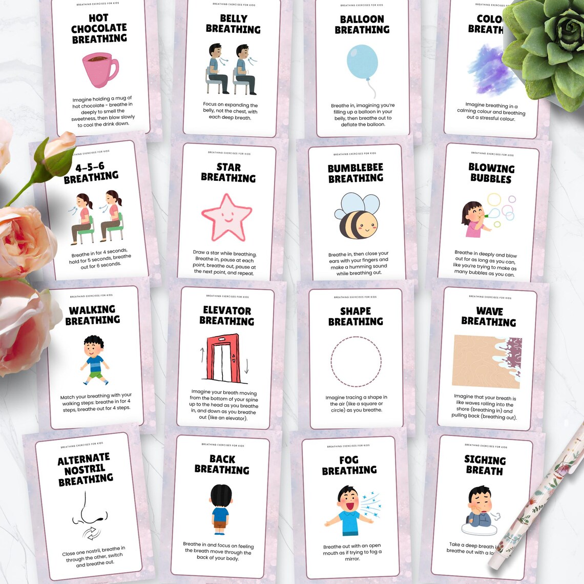 Deep Breathing Cards for Kids, 24 Emotional Regulation Exercises, Calm ...