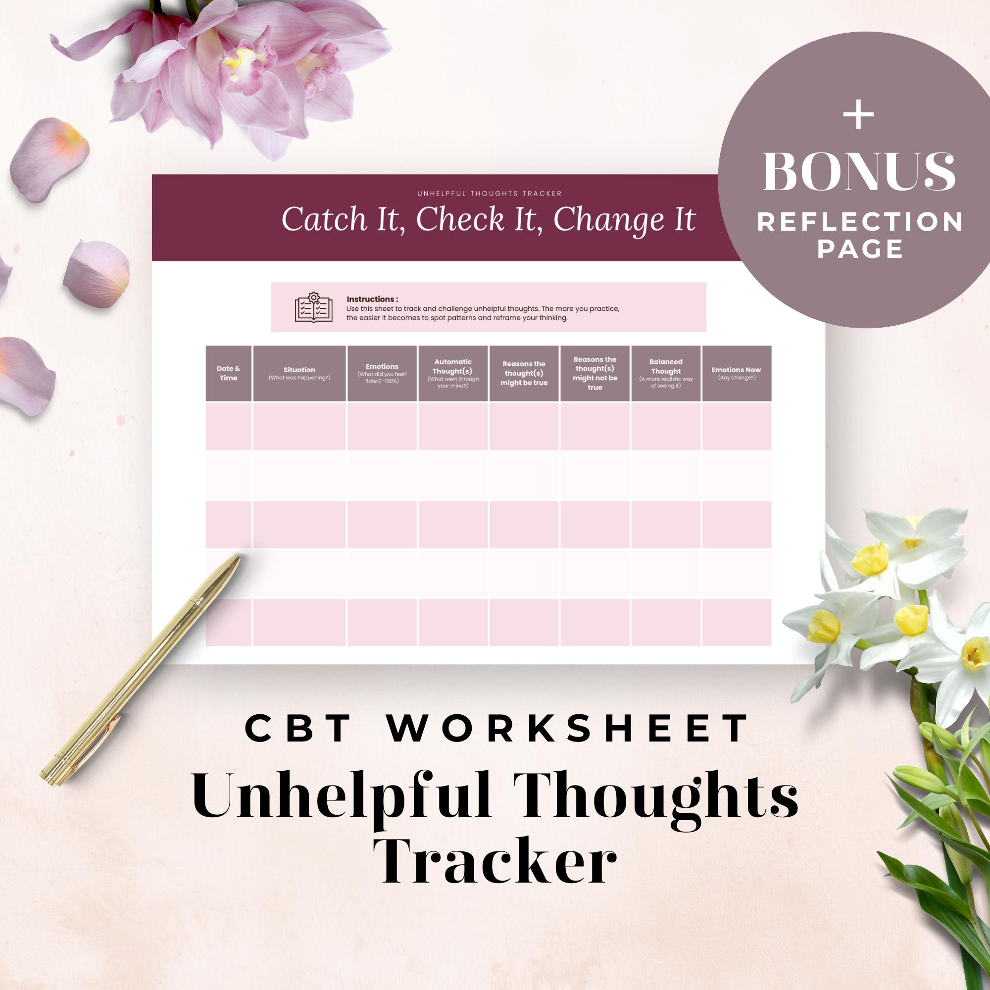 CBT Thought Record Worksheet, Reflection Prompts, Printable Mental ...