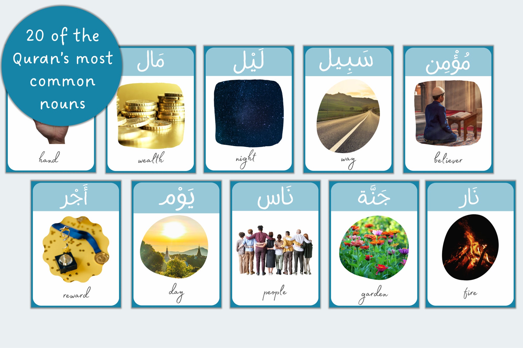 20 Quran Flashcards for Muslim Kids Common Quran Vocabulary Arabic and ...
