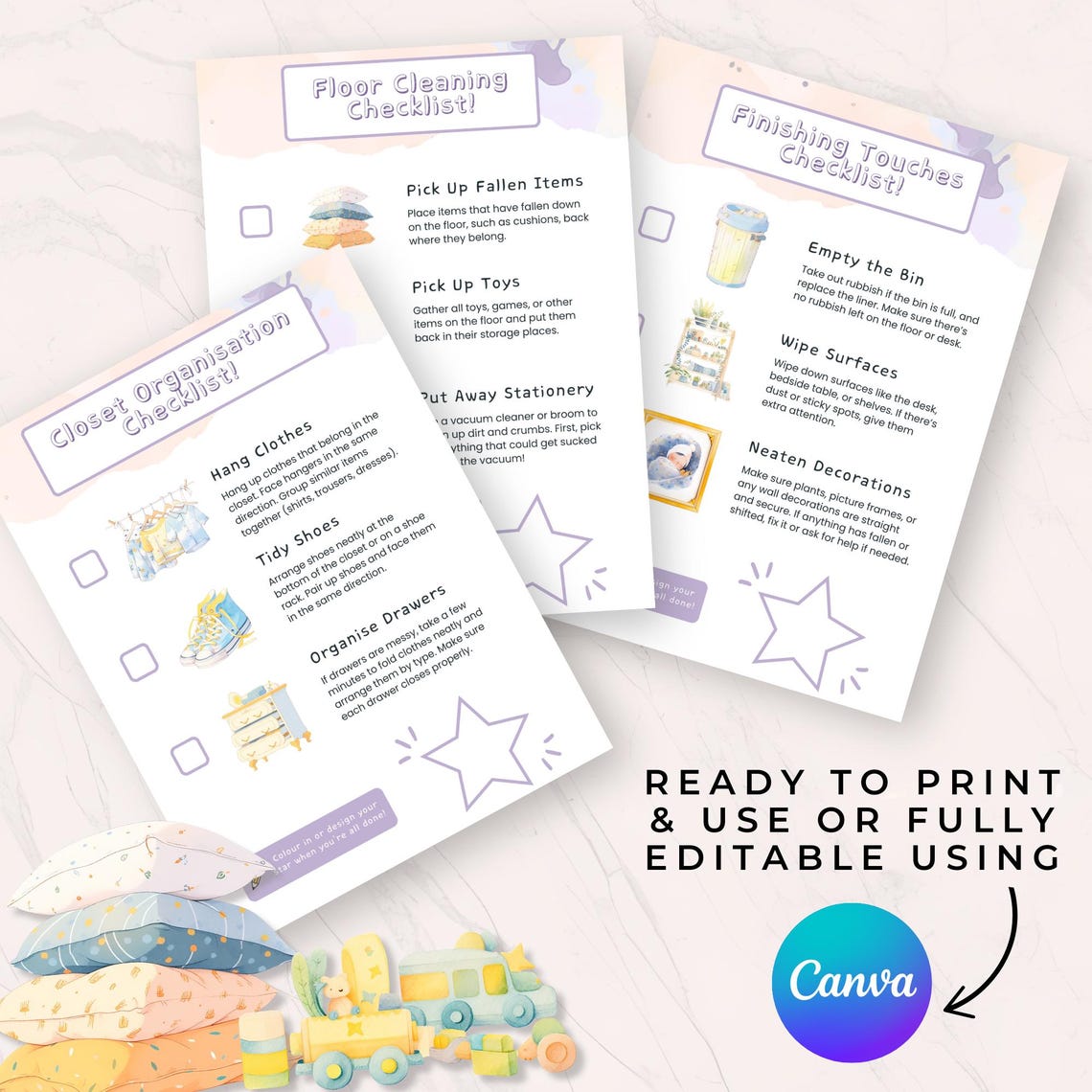 Editable Kids Room Cleaning Checklist, Printable Chore Cards, Family ...