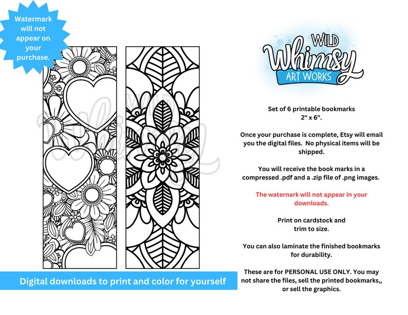 Set of 6 Printable Bookmarks 2x6: Color Yourself Floral Designs 1 ...