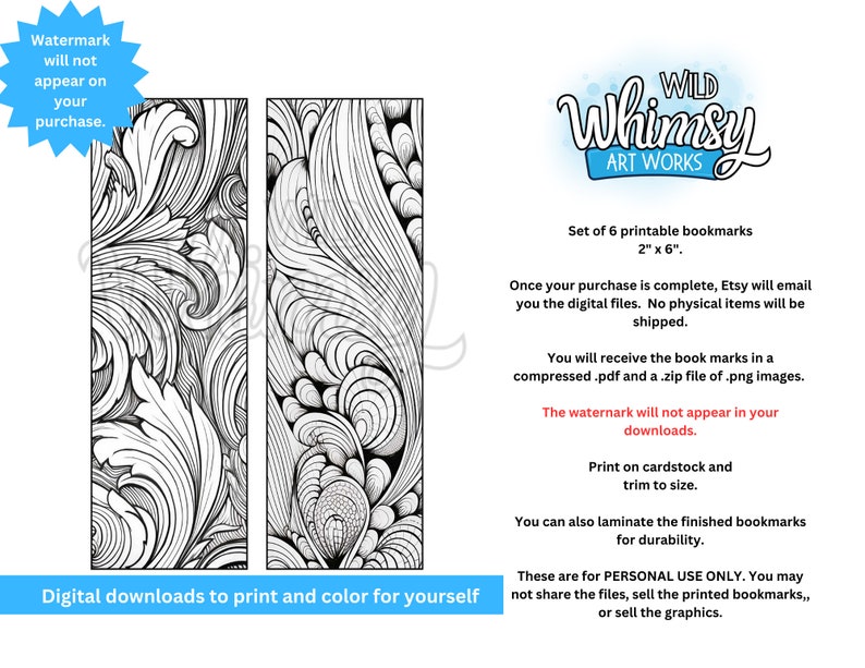 Set of 6 Printable Coloring Bookmarks 2x6: Funky Swirls and Florals ...