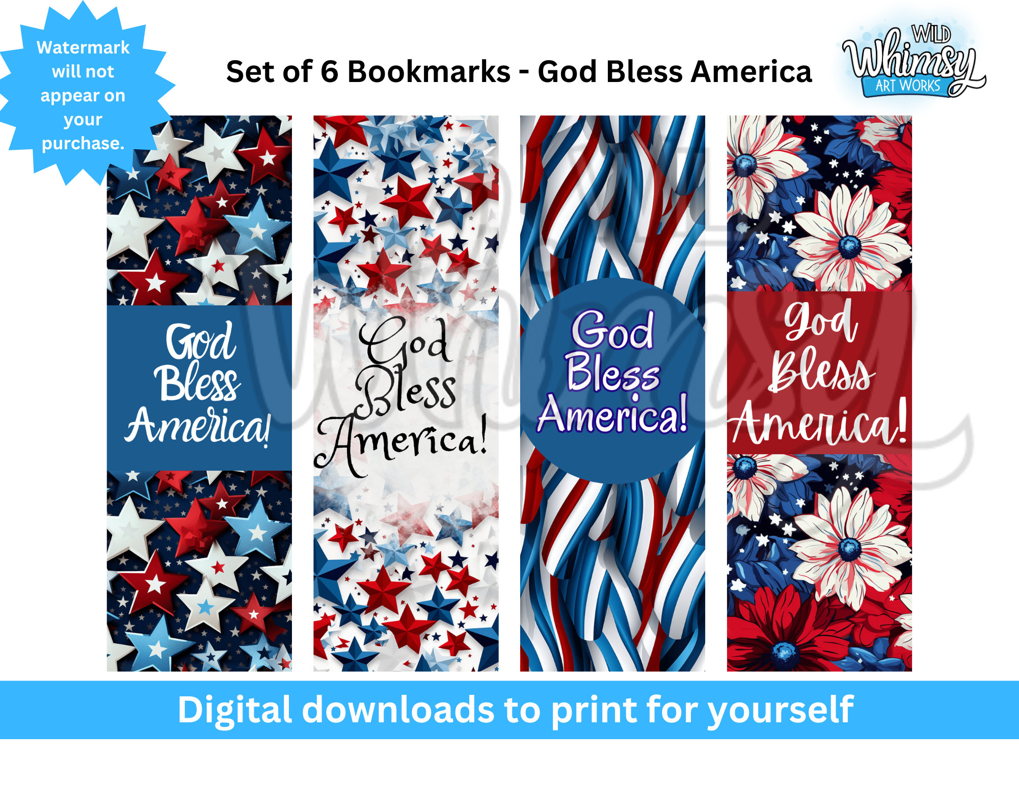 Set of 6 Printable Bookmarks 2x6: God Bless America, Patriotic, Red ...