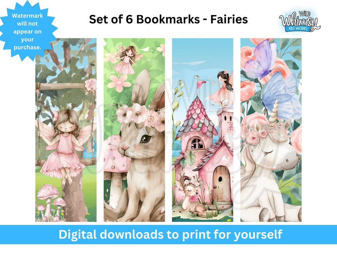 Set of 6 Printable Bookmarks 2x6 - Super Cute Fairy Theme - Gnome ...