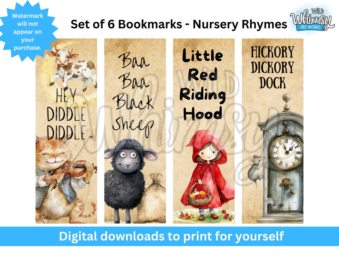 Set of 6 Printable Bookmarks 2x6: Nursery Rhymes Theme - Back to School ...