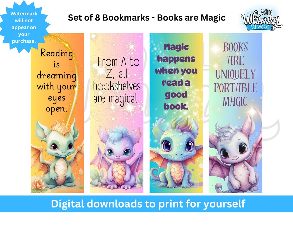 Set of 8 Printable Bookmarks 2x6: Reading is Magic! - Crafts, Dragons ...