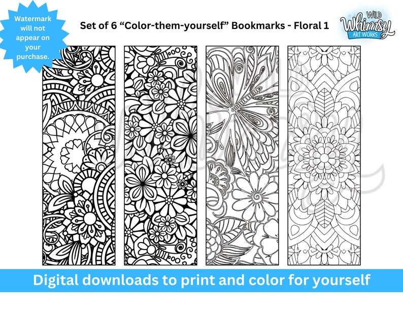 Set of 6 Printable Bookmarks 2x6: Color Yourself Floral Designs 1 ...