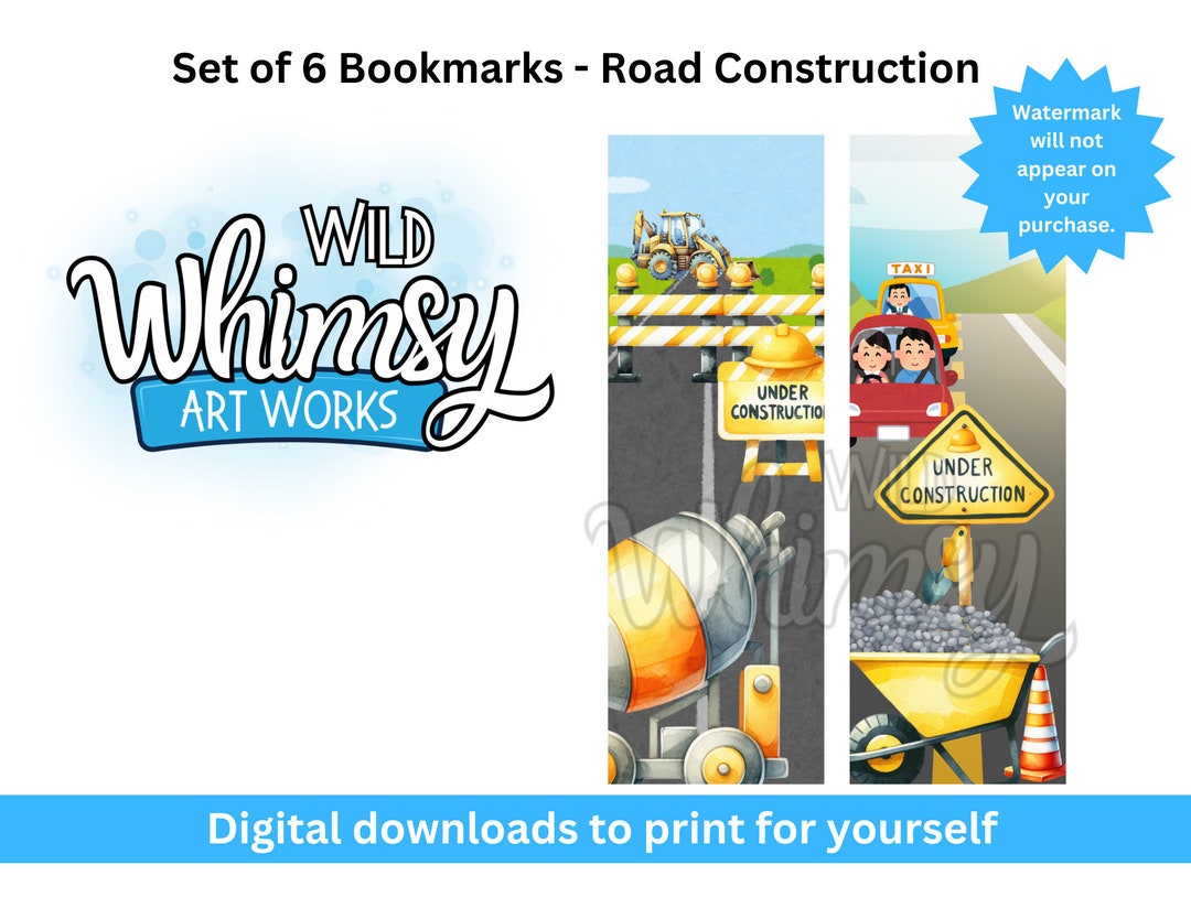 Road Construction Bookmarks: Set of 6 Printable Bookmarks (digital ...