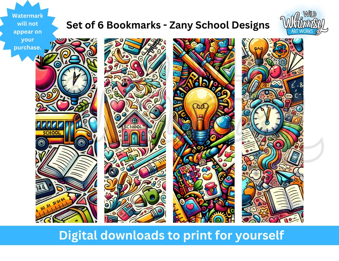 Zany School Supply Bookmarks: Set of 6 Printable Designs (PDF) - Etsy