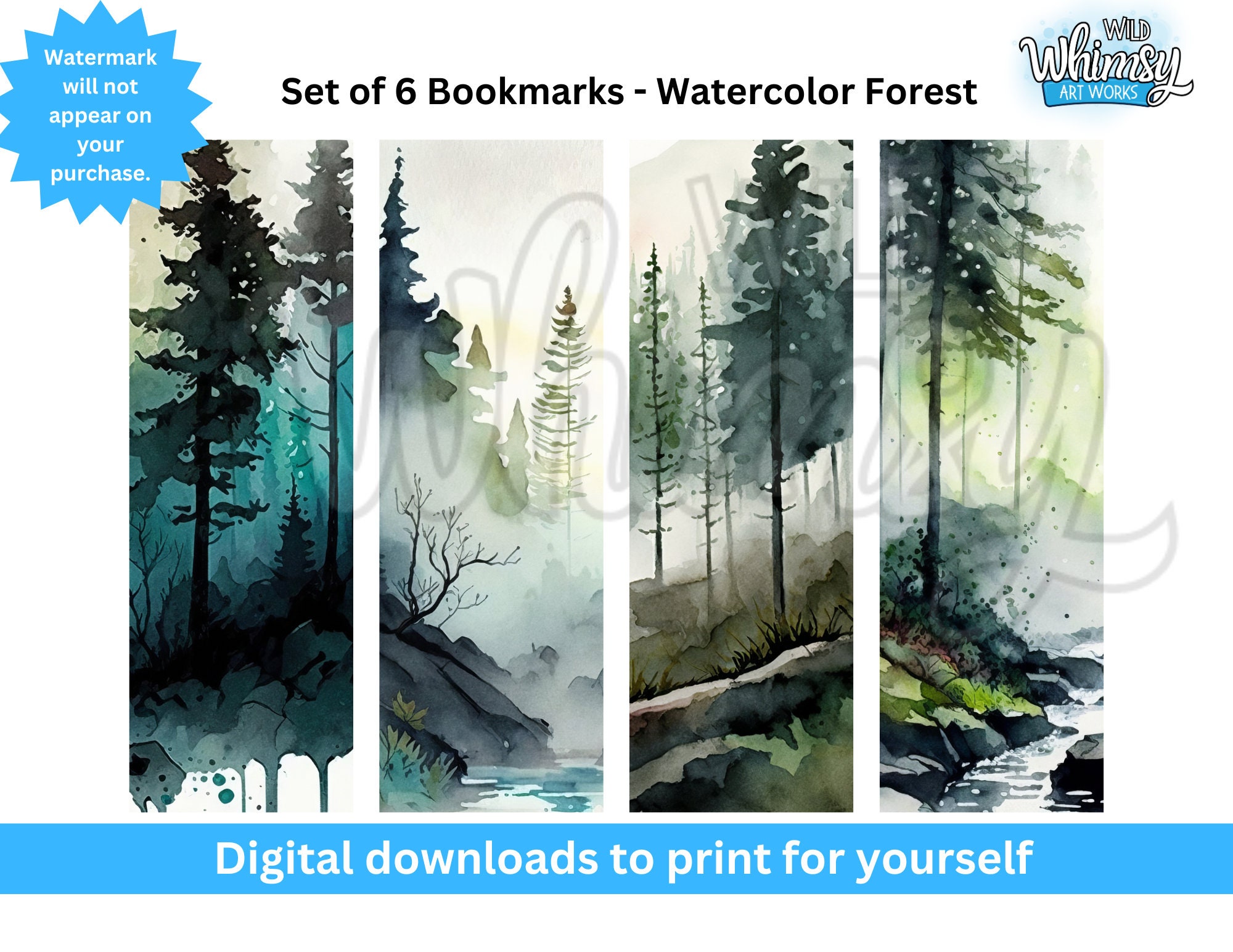 Set of 6 Printable Bookmarks 2x6: Watercolor Forest Scenes, Beautiful ...